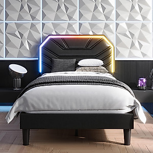 LIKIMIO Twin Bed Frames with Lighted Headboard, Upholstered Modern Cama Twin Platform Bed with Heavy Duty Supports, No Box Spring Need, Noise Free, Easy Assembly, Black