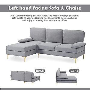 POCIYIHOME 79.5" Left Hand Facing Sectional Sofa Couch with 2 Detachable Armrest Pillows, Modern Fabric 3-Seater L Shape Chaise with Metal Legs for Living Room,Apartment,Office, Polyester, Light Grey