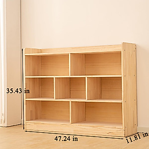 ChubanCraft Wooden 7 Compartment Storage Cabinet Organizer Kids 3 Tier Wood Bookshelf School Storage Shelf Classroom Furniture for Kids Natural (47.24" L x 11.81" W x 35.43" H)