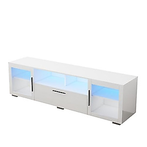 chartustriable 70 Inch Modern TV Stand with Music Sync LED Lights for 75 Inch TV, High Gloss Entertainment Center with Storage Cabinet, TV Media Console for Living Room Bedroom(White)