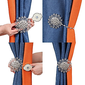 SUQ I OME Luxury Big Crystal Magnetic Curtain Tieback Flower Curtain Clips Buckle with Stretchy Wire Rope for Home Office Decoration(Silver D,2PCS)