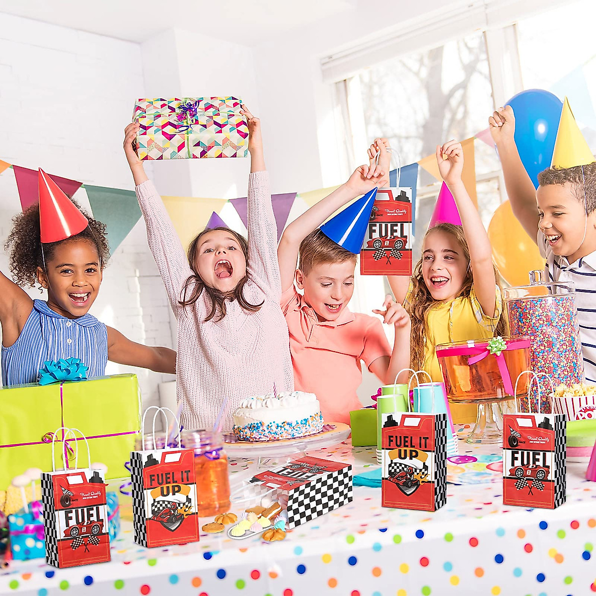 Pajean 16 Pieces Race Car Fuel Treat Bags Boxes Racing Car Party Goodie Bags Wrap Paper Bags with Handles Birthday Party Decorations Baby Favors Supplies Gifts