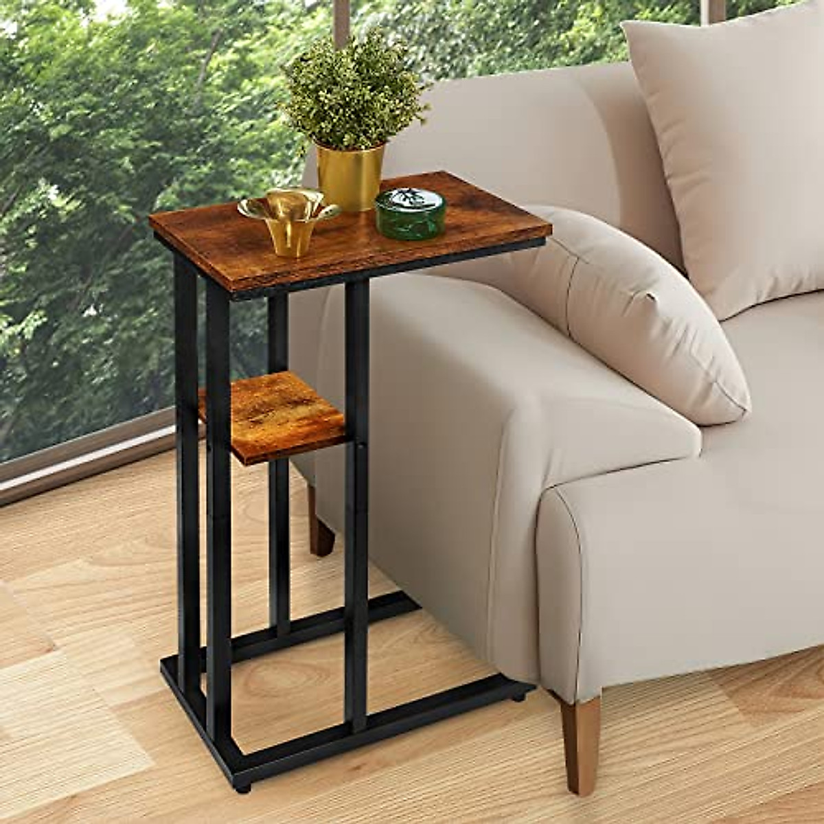 C Shaped Side Table for Sofa, Couch End Table for Small Spaces，Skinny Couch Side Tables Slide Under Sofa Bed,Snack Table with Bamboo, Modern Rustic Brown …