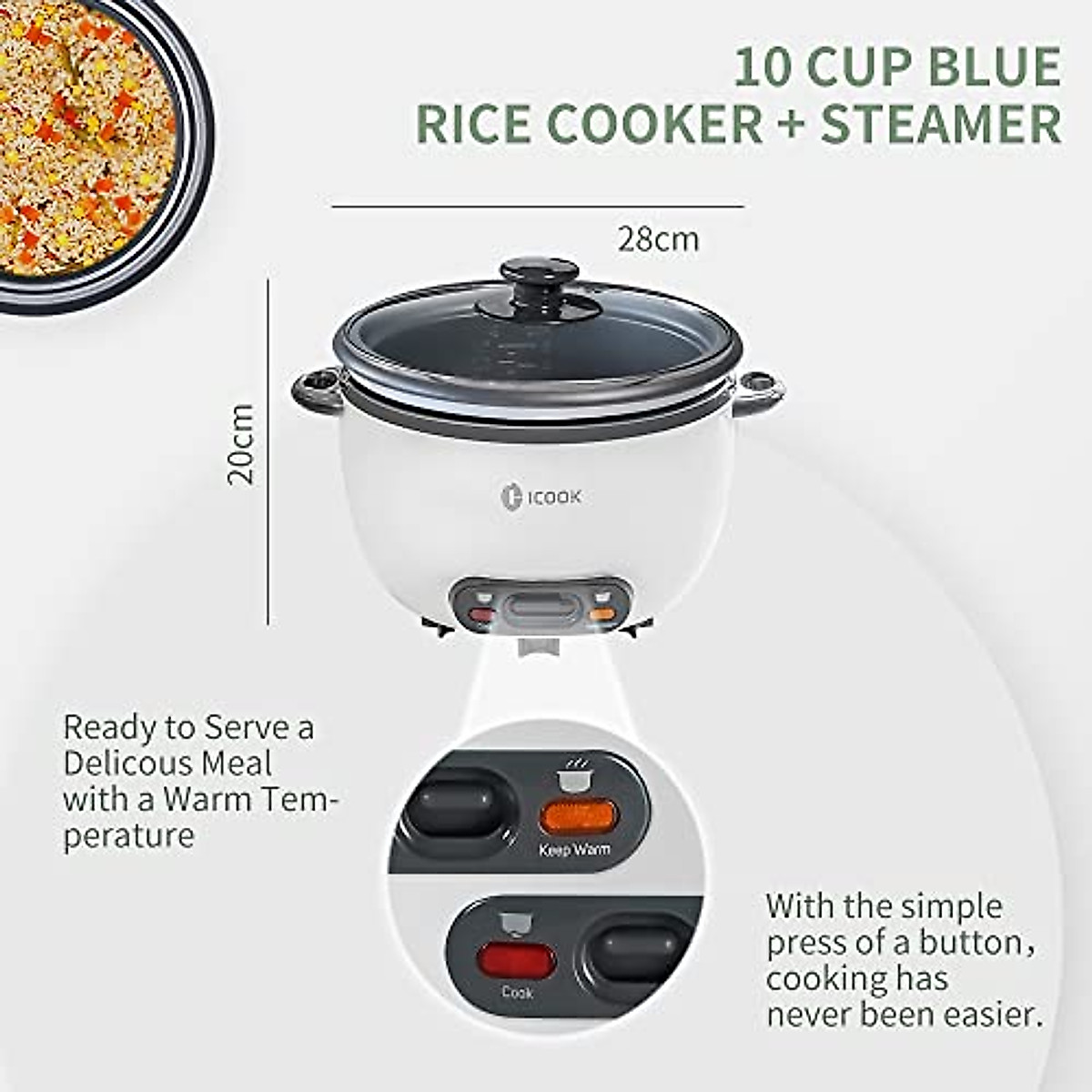 ICOOK 10-Cup Uncooked 20-Cup Cooked Rice Cooker1.8L Grains,Oatmeal,Cereals Cooker,Rice Warmer Steamer,Large Rice Cooker Removable Nonstick Pot,Full View Glass Lid,White