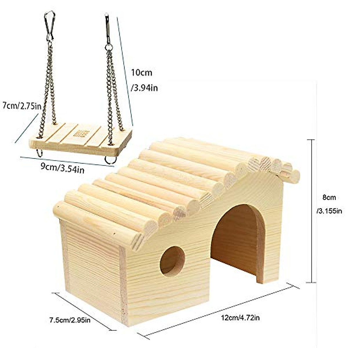 Wooden Hamster House for Small Pet, Hanging Wooden Swing,Chew Toy, Small Animal Hideout Arched Platform Nesting Habitat for Gerbils Guinea Pigs Hedgehog