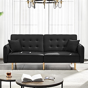 Yaheetech Futon Sofa Bed Convertible Couch Sofa with USB Ports Fabric Sleeper Sofa Split-Back Loveseat for Living Room, Studio, Office, Black