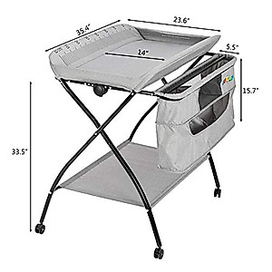 JOYMOR Portable Diaper Changing Station,Folding Baby Changing Table for Infant, Moblie Diaper Changing Table with Wheels, Large Storage Basket ＆ Shelf Portable Nursery Organizer (Grey)