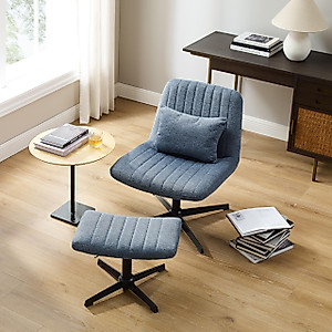 Art Leon Desk Chair No Wheels - with Ottoman and Lumbar Pillow, Armless Office Chair No Wheels, Criss Cross Chair, Modern Swivel Height Adjustable Wide Seat Computer Task Vanity Chair, Indigo Linen