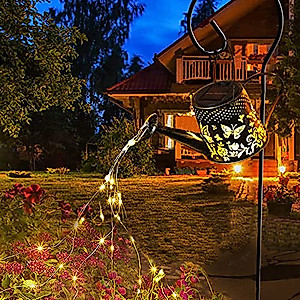 Solar Watering Can with Fairy Lights Garden Decor Watering Can Lights for Patio Path Tree Lawn Patio Path, Solar Fairy Garden LED, Outdoor String Lights, Star Shower Garden Lights (with Shepherd Hook)