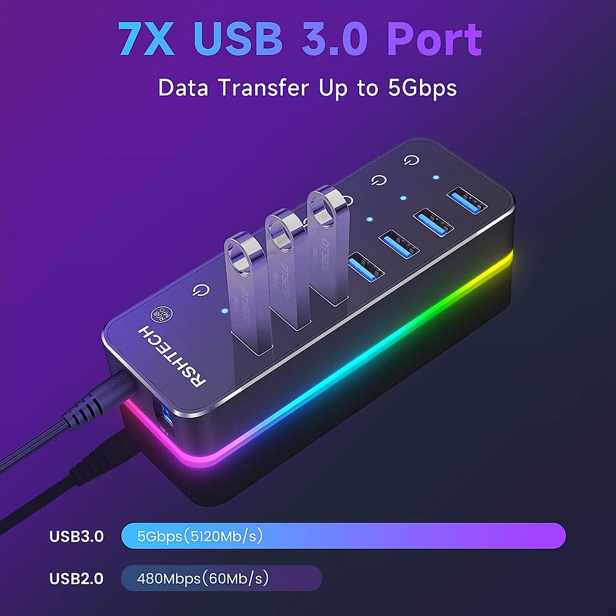 Powered USB Hub, RSHTECH RGB 7 Ports USB 3.0/USB C Hub with 14 Mode RGB LED Strip, Individual Touch Switches, 3.3ft Cable and 5V/4A Power Adapter, Aluminum Gaming USB Hub for PC and Laptop, RSH-518R