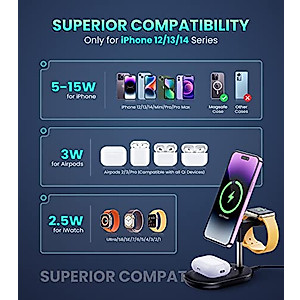 LOKIISKI 3 in 1 Wireless Charging Station for Multiple Devices Apple, 18W QC3.0 Fast Magnetic MagSafe Charger Stand, Gifts for iPhone 14 13 12 Pro Max/Plus/Pro/Mini, iWatch Ultra/8/7/6/5/4/3/2 AirPods