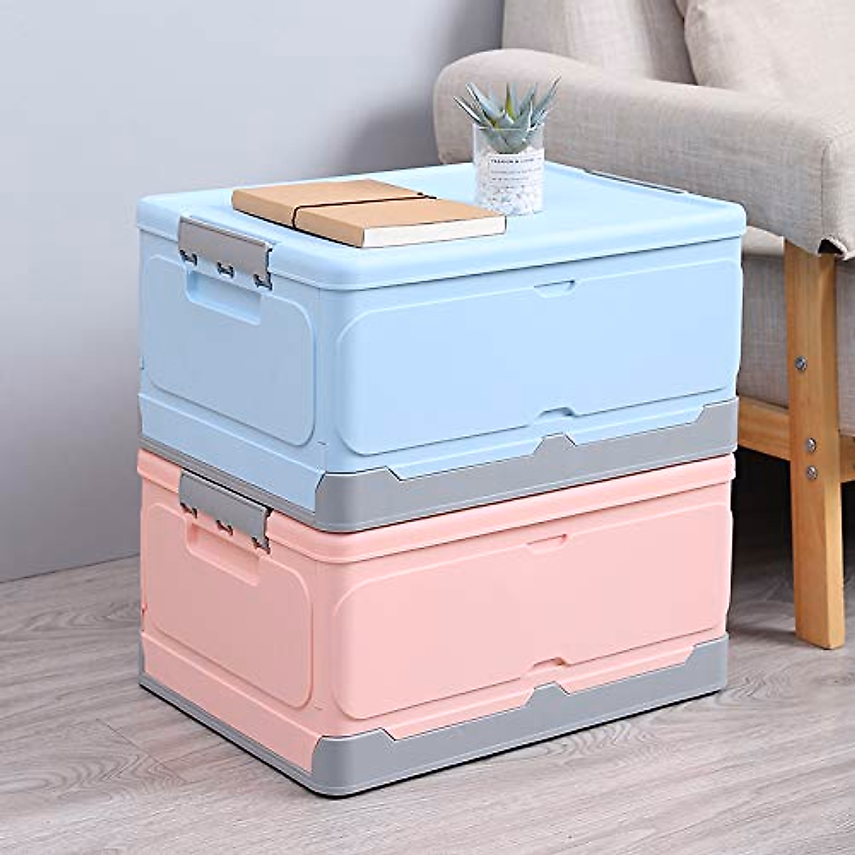 Durable Plastic Folding Storage Box Organizer with Lids, Folding Plastic Stackable, Containers for Home & Garage Organization (Pink)