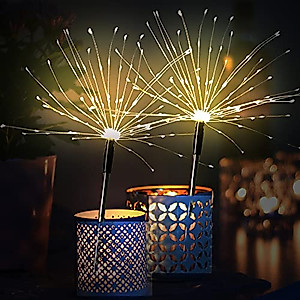 Wo garzio Solar Firework Lights, Solar Garden Lights, 120 LED Outdoor Waterproof Firefly Path Lights, Solar Decorative Light Garden Channel Decorative Insert Light, Warm White (2 Pack)