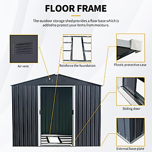 Outdoor Shed Storage 8FT x 10FT,Sliding Door Storage Shed, Outdoor Metal Storage Sheds, Garden Shed for Backyard, Patio, Lawn, Outside (Black-Small)