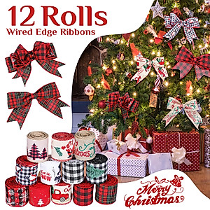 Lyrow 12 Rolls Christmas Ribbon Wired 2.5 Inch 72 Yards Santa Snowman Snowflake Christmas Buffalo Plaid Ribbon for Wreaths Bows Decor DIY Crafts Gift Wrapping