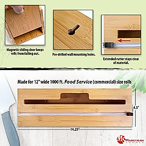 Mainstream Source® Large Bamboo Wrap Dispenser for 1000ft 12in Rolls – Extra Thick Foil and Plastic Wrap Organizer with Cutter & Labels, Works as Foil, Plastic Wrap, Parchment, or Wax Paper Holder