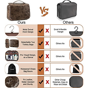 Elviros Hanging Toiletry Bag Removable Travel Bag PU leather Makeup Cosmetic Organizer Kit, Coffee