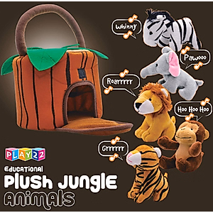 Play22 6-Piece Plush Talking Jungle Animals Set with Carrier for Kids, Babies & Toddlers - Elephant, Tiger, Lion, Zebra, Monkey