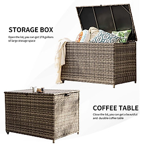 MEISSALIVVE 178 Gallon Outdoor Storage Box, Patio Deck Box with 2 Wheels, Handle Large Portable Wicker Rattan Deck Box for Patio Furniture Cushions, Throw Pillows, Garden Tools and Pool Floats (Gray)