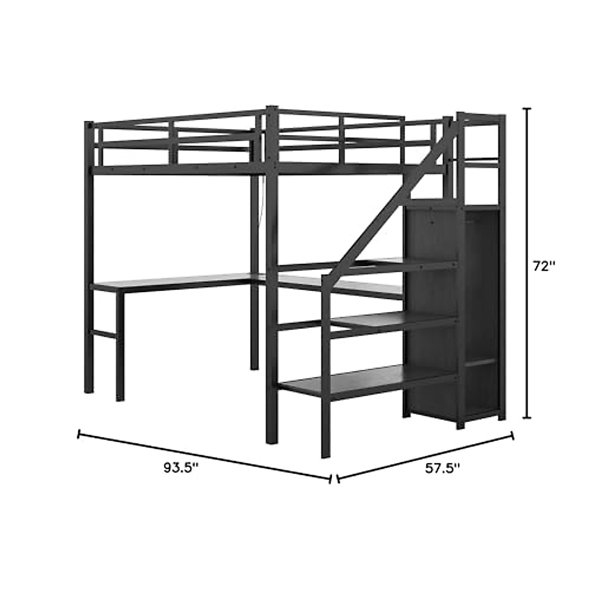 ATY Metal Full Size Loft Bed with Wardrobe and Built-in Desk, Sturdy Loft Bedframe w/LED & USB Port Design, for Bedroom, Dorm, Maxinmum Space & No Box Spring Needed, Black
