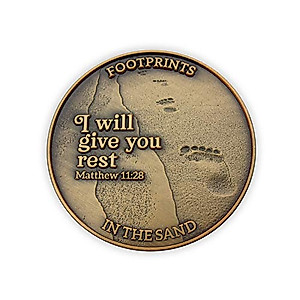 Footprints in The Sand Coin, Resting and Peace, Antique Gold Plated Christian Challenge Coin. During Your Times of Trial and Suffering, I Carried You. I Will Give You Rest, Matthew 11:28 Gift
