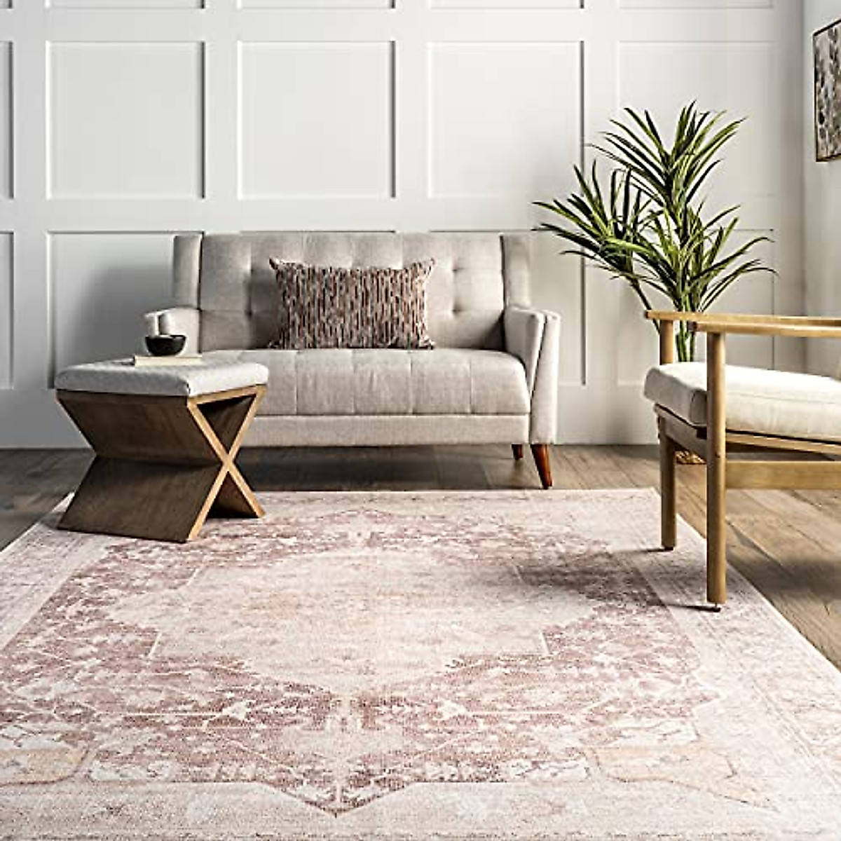 nuLOOM Rosa Machine Washable Distressed Vintage Medallion Area Rug, 6' Round, Light Pink