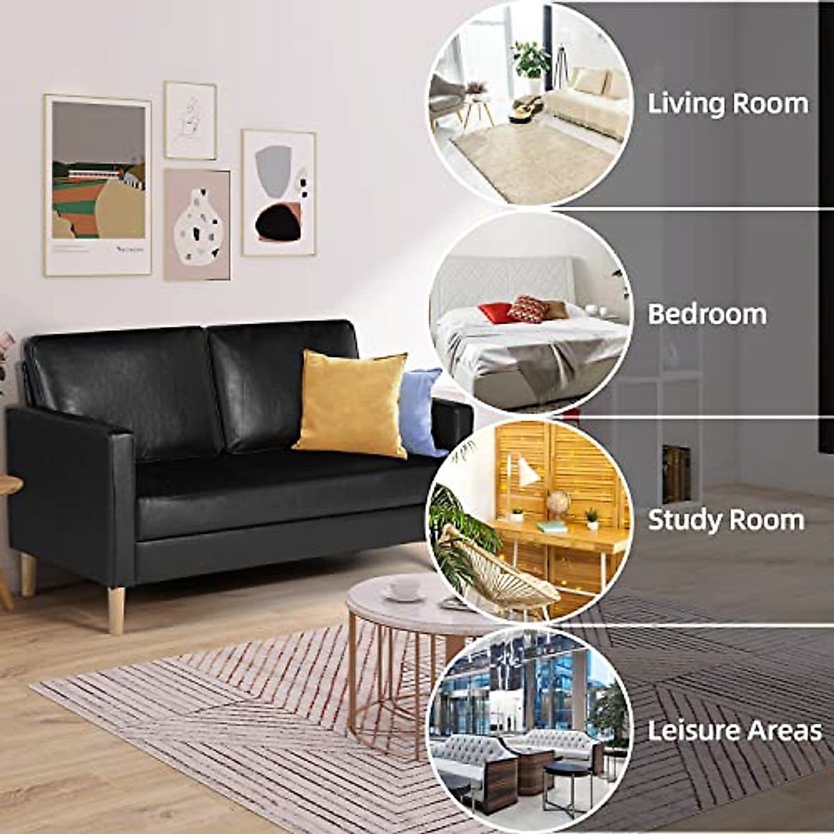 AILEEKISS Mid-Century Sectional Sofa Set Faux Leather Office 3 Pcs Couch Set with Armrest Modern Upholstered Loveseat Couches (1-Seater+1-Seater+2-Seater, Black)