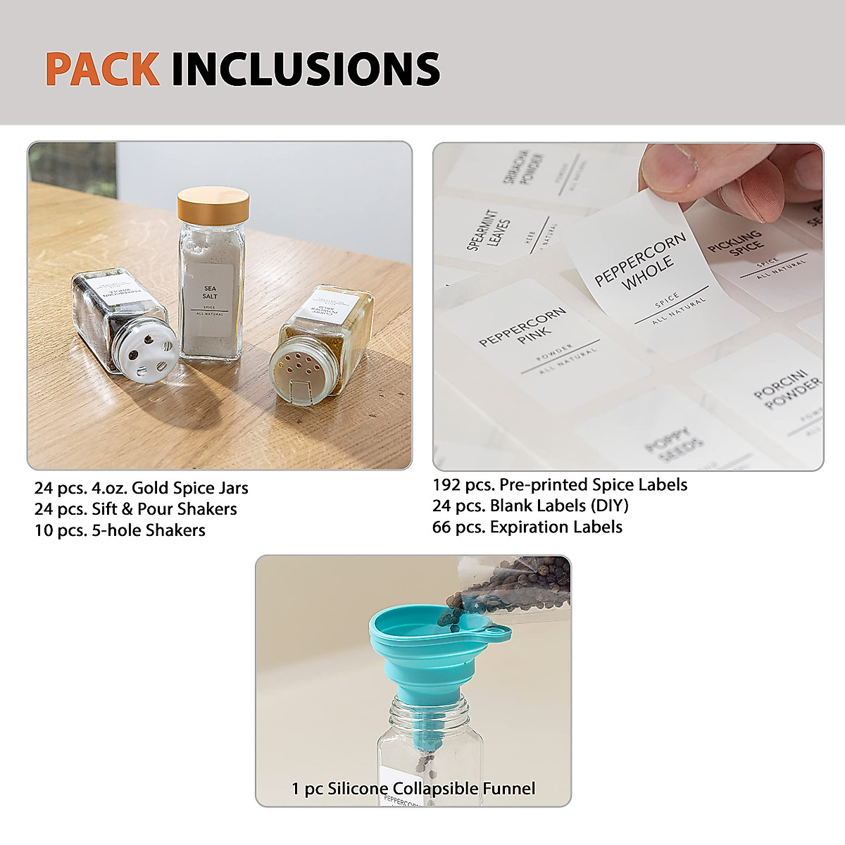 AYOUSIN 24 Spice Jars with Labels - 4oz Glass Spice Jars with Shaker Lids, 192 Spice Labels, 24 DIY Labels & 66 Expiration Labels - Spice Containers with Gold Lids - Seasoning Jars for Spice Rack