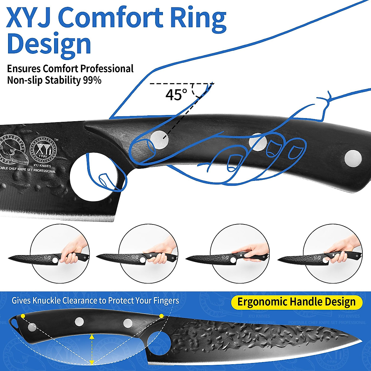 XYJ Professional Black Kitchen Knife Set with High-Carbon Steel Forged Blades, Chef's Knife, Cleaver, Carving Knife, Nakiri, Full Tang Design, Includes Carrying Bag & Poultry Scissors,Christmas Gifts