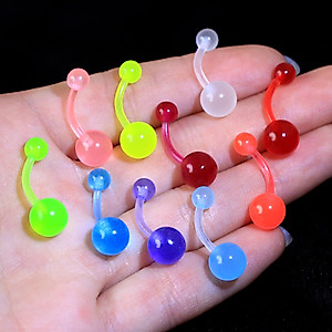 CM Crareesi Mania 10Pieces Belly Button Rings Glow in The Dark Belly Rings 14G Acrylic Flexible Banana Barbells Colorful Navel Piercing Jewellery Navel Bars