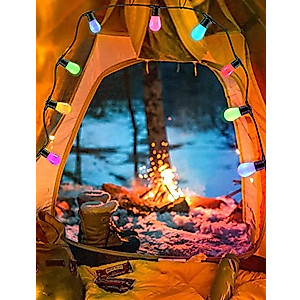 Jevindo Solar Outdoor String Lights, Portable 48ft IP65 Waterproof Patio RGB LED String Lights with 15 LED Bulbs Dimmable Multi-Color, Smart Bluetooth App Control, Balcony, Backyard, Camping, Travel