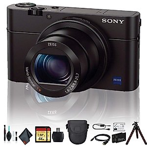 Sony Cyber-Shot DSC-RX100 IV Camera DSCRX100M4/B with Soft Bag, Tripod, 2X Extra Batteries, LED Light, 2X 64GB Memory Card, Card Reader, Plus Essential Accessories