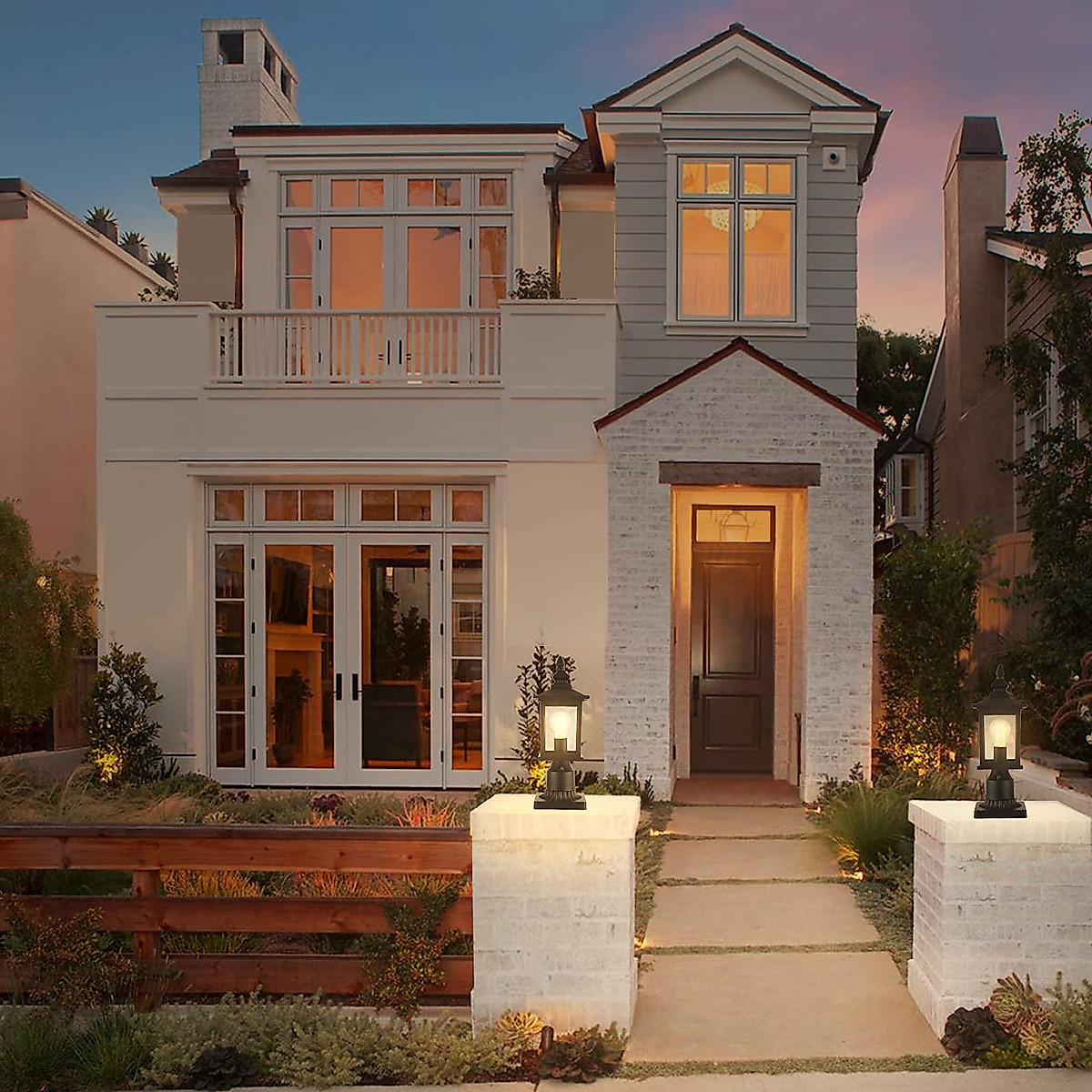 PARTPHONER Dusk to Dawn Outdoor Post Lights with Pier Mount Base, Waterproof Outside Pole Lantern Light Fixture, Exterior Lamp Post Lantern Head with Clear Glass Panels for Garden Patio, 2 Pack