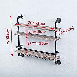 Industrial Pipe Shelf Wine Rack Wall Mounted with 9 Stem Glass Holder,36in Real Wood Shelves Kitchen Wall Shelf Unit,3-Tiers Rustic Floating Bar Shelves Wine Shelf,Steam Punk Pipe Shelving Glass Rack