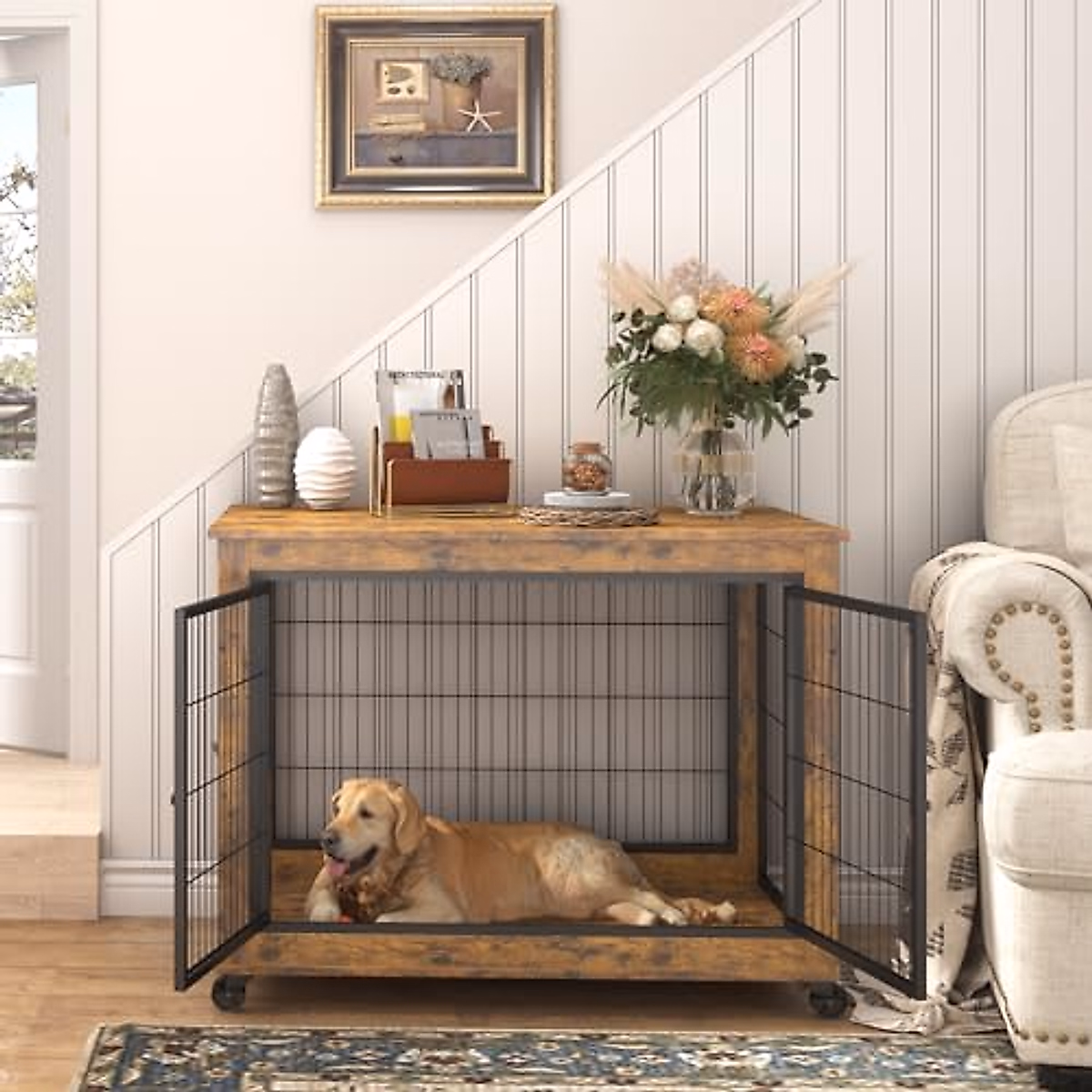 FULUWT Dog Crate Furniture, Indoor Dog Kennel Furniture for Dogs, Dog Crate with Double Doors, Decorative Pet House for Small/Medium/Large Dogs. (Rustic Brown, 38.58'' L x 25.2'' W x 27.17'' H)