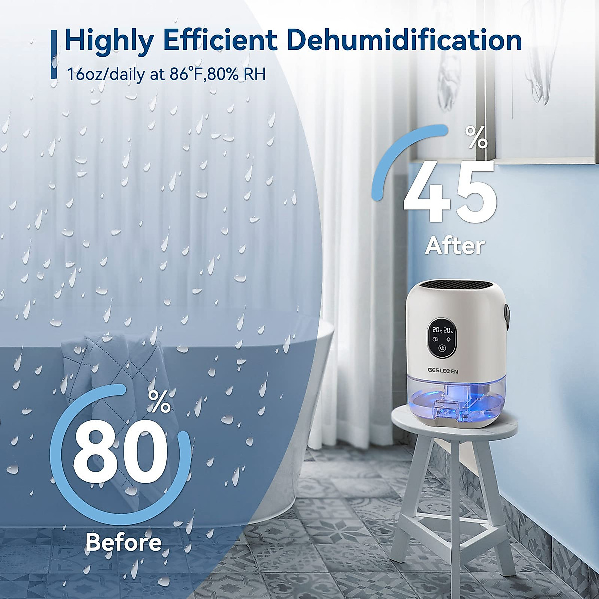 2200 Cubic Feet(240 sq ft) Dehumidifier Home, GESLEBEN Small Quiet Dehumidifiers with 7 Colorful Atmosphere Lightings, Auto-off When Water is Full, Water Level Visible, Portable Air Dehumidifiers for Basements Bedroom Bathroom Closet RV
