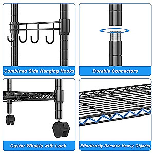Homdox 5 Tier Wire Shelving Unit on Wheels, Adjustable Storage Racks and Shelving, Heavy Duty Rolling Metal Shelves with Side Hooks for Laundry Bathroom Kitchen Garage Pantry Organization, Black