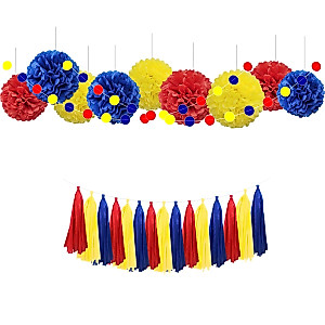 InBy Carnival 26pcs Red Blue Yellow Party Decorations Kit for Birthday Wedding Bachelorette Bridal Baby Shower Party Decor - 12" 10" 8" Tissue Flower Paper Pom Pom, Paper Tassel, Circle Dot Garland