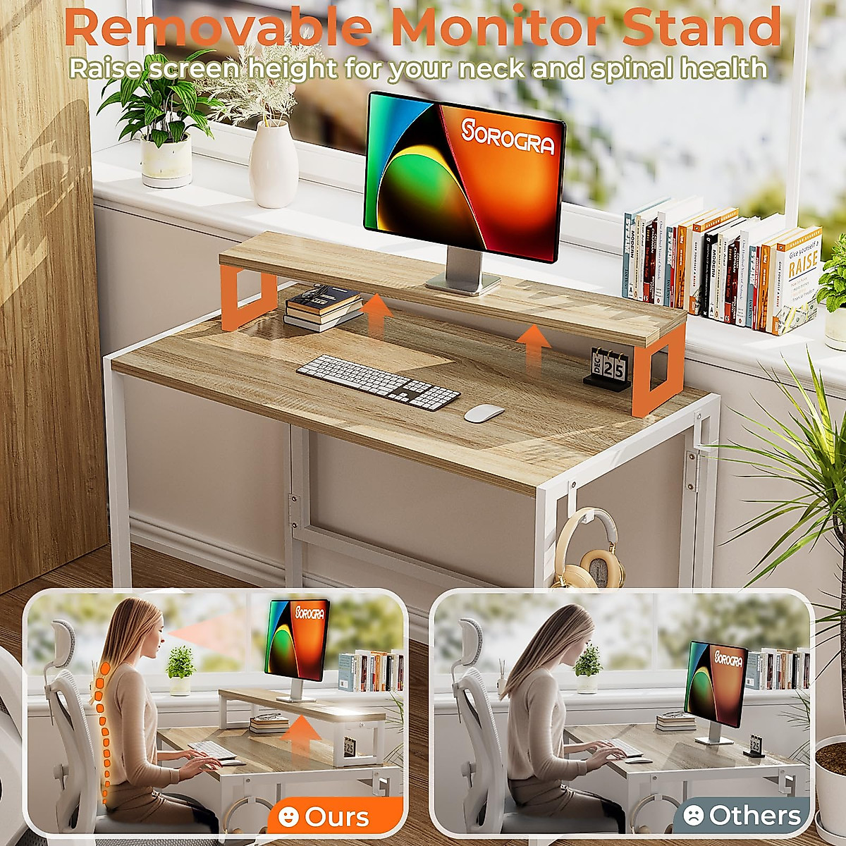 SOROGRA Small Folding Desk 31.5 Inch, Foldable Computer Desks with LED Lights and Monitor Stand, Work Portable Table for Home Office Bedroom, Oak