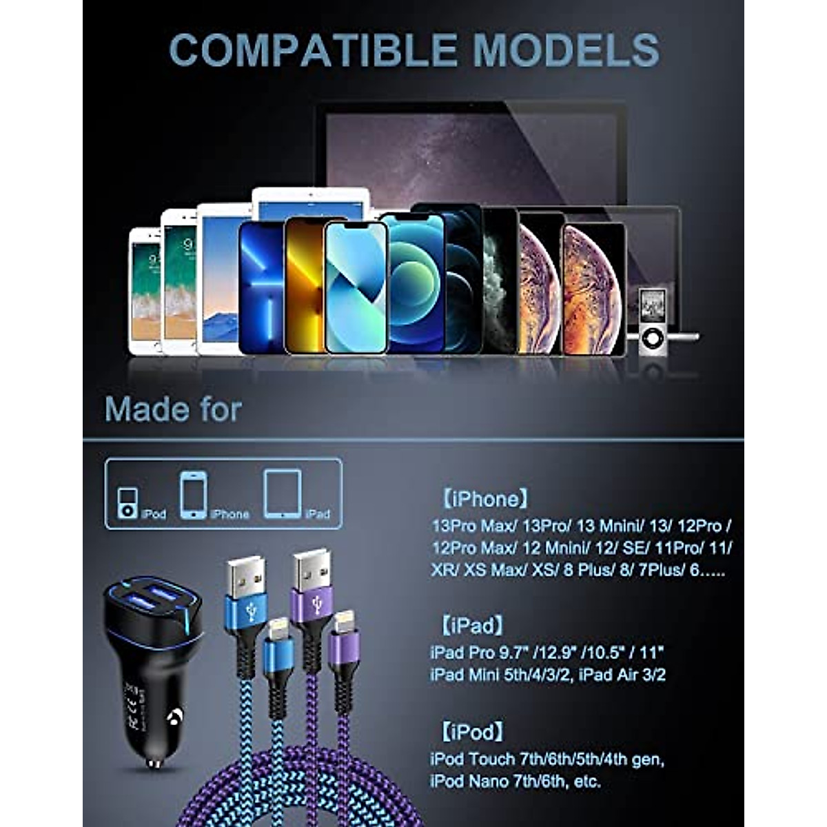 Phone Car Charger, Dual Port Cigarette Lighter Adapter + 2Pack-3FT Lightning Cables Fast Charging for iPhone 14 13 12 Pro Max Mini 11Pro 10 SE X XR XS Max 8, Lightening Wire 3FT + Car Phone Cargador