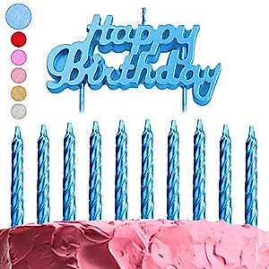 GET FRESH Blue Birthday Cake Candles Set – 10-Pack Spiral Candles and Happy Birthday Letter Candles Cake Topper – Metallic Bday Candles and Candles Cake Decoration – Glitter Blue Birth-Day Candles
