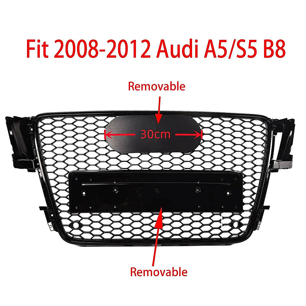 TOPAZ Front Mesh RS5 Style Bumper Hood Hex Grille Black Compatible with 2008-2012 Audi A5/S5 B8 8T