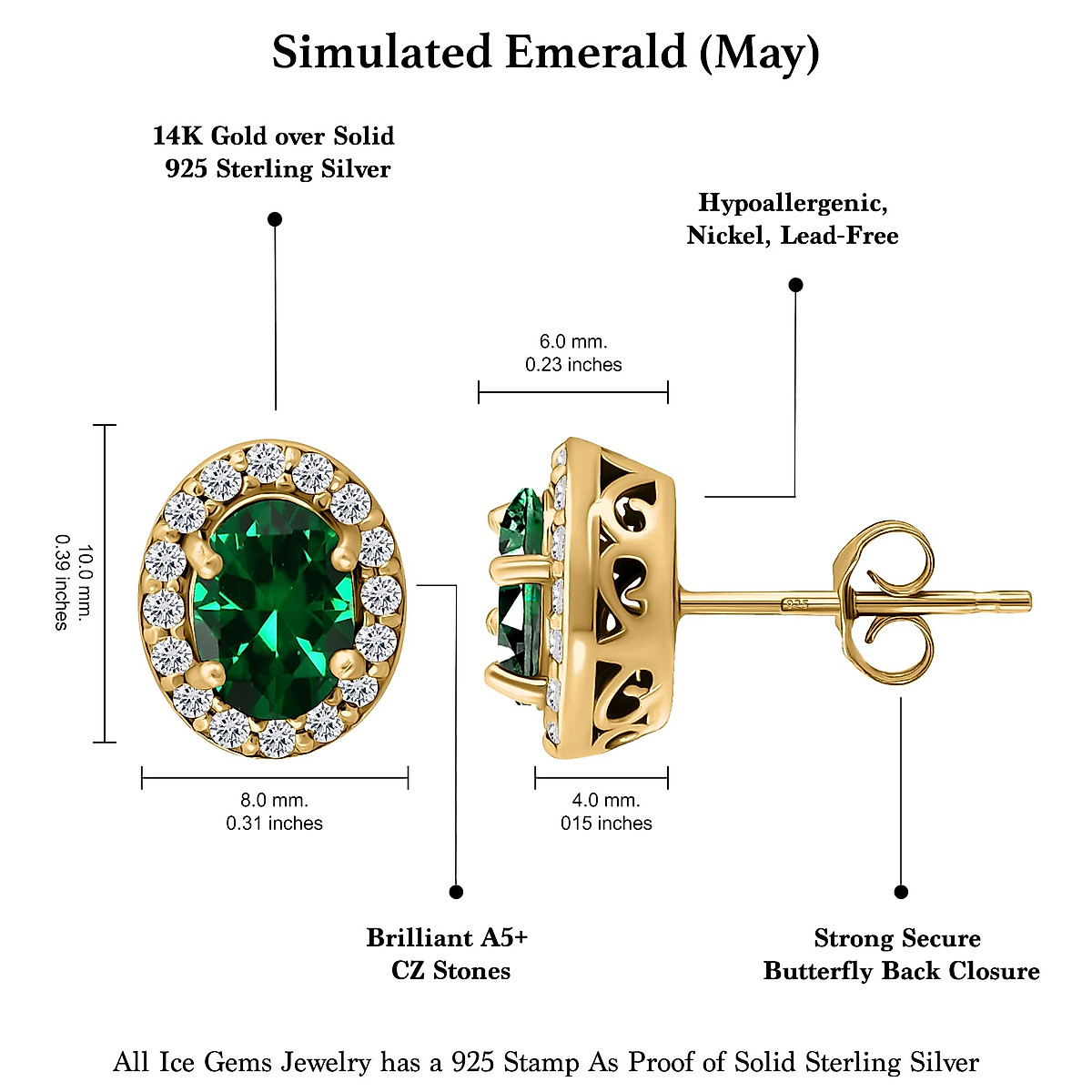 Yellow Gold Flashed Sterling Silver Simulated Emerald and Cubic Zirconia Accents Oval Halo Stud Earrings