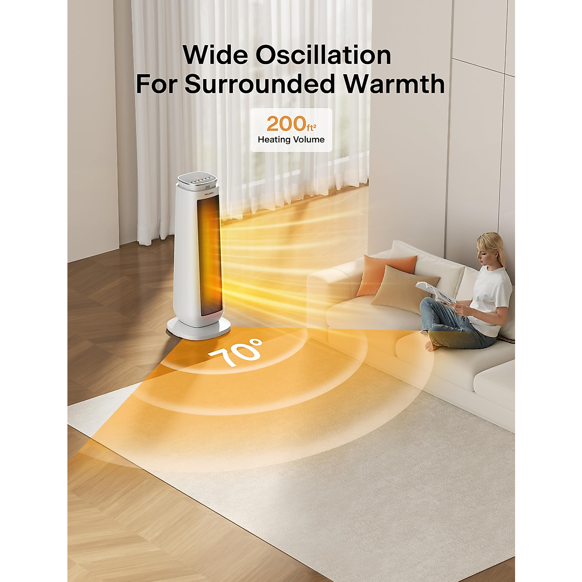 PELONIS PHTPU1501 Ceramic Tower 1500W Indoor Space Heater with Oscillation, Remote Control, Programmable Thermostat & 8H Timer, ECO Mode, Tip-Over Switch & Overheating Protection, White