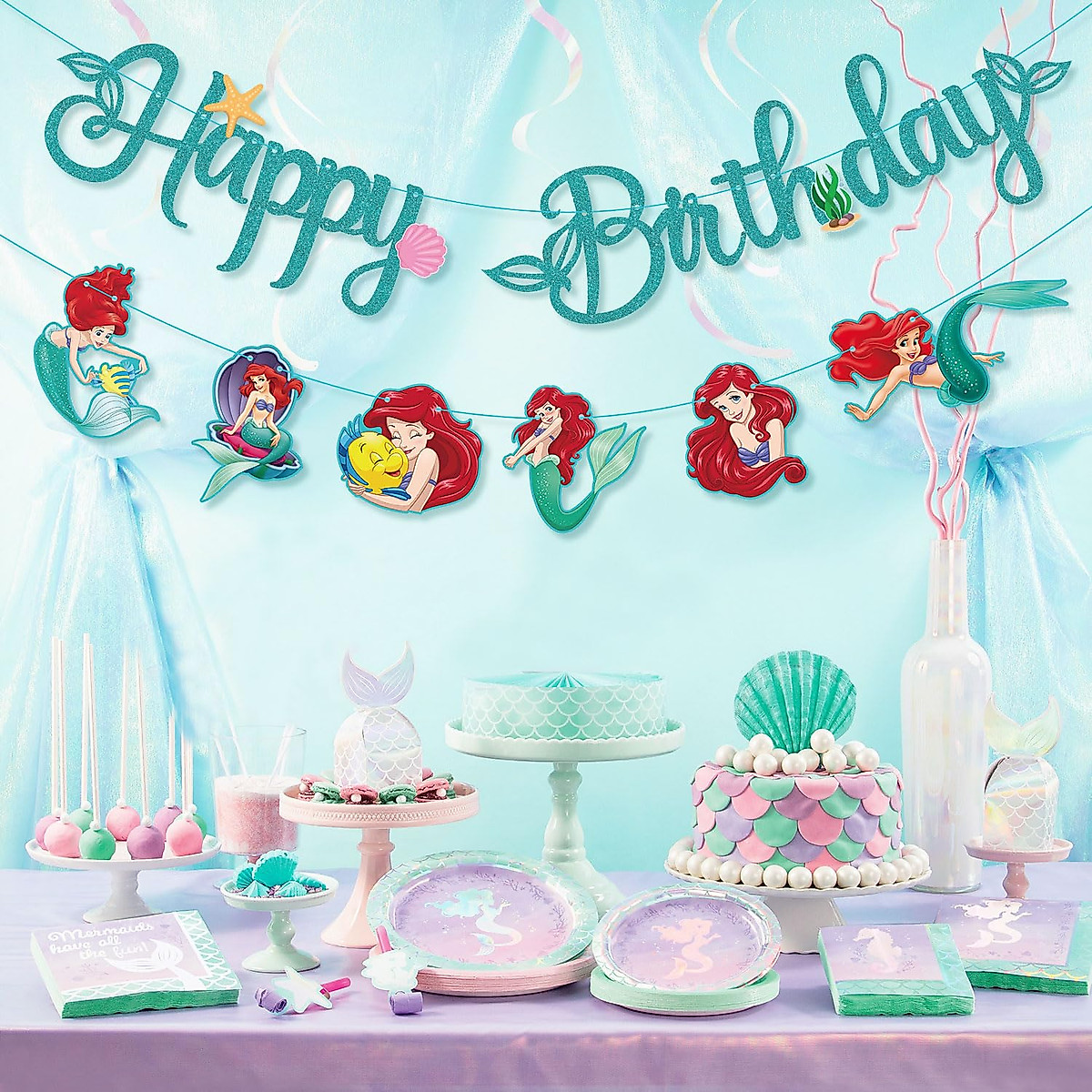Little Mermaid Birthday Banner, Mermaid Ariel Birthday Banner, Mermaid Birthday Party Supplies Decorations for Girls Boys Birthday Party Baby Shower Cartoon Sign Decorations