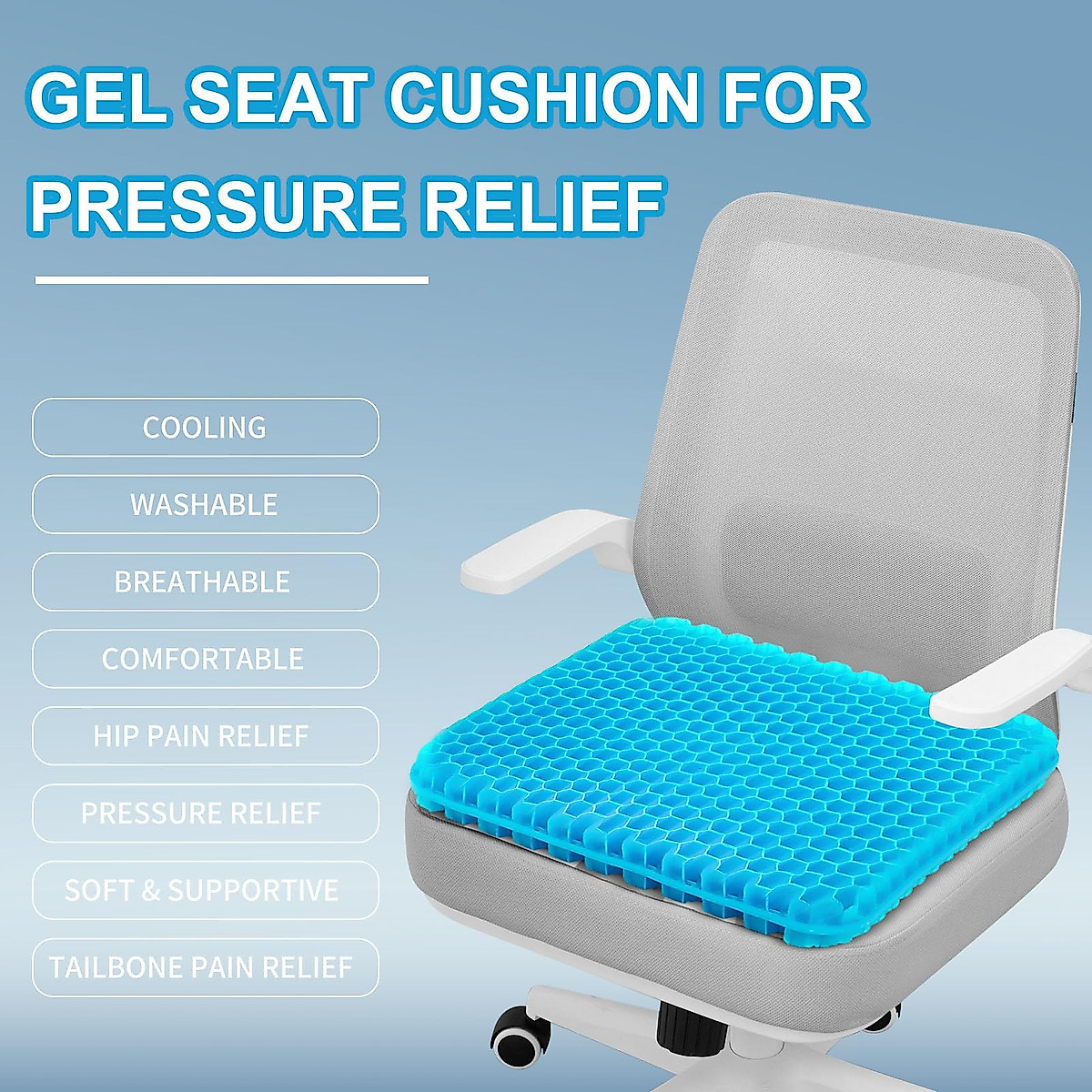 Gel Seat Cushion 2.4 Inch Thick, Double Thicken Layer, Relief Tailbone Pressure, Breathable Honeycomb Design Gel Cushion with Washable Non-Slip Cover for Office Chair, Car Seat, Wheelchair (Blue)