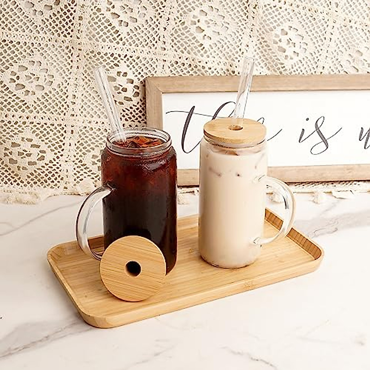 ANOTION Glass Cups 4 Packs, 16oz Coffee Cups with Lids and Glass Straws Coffee Mugs Clear Tumbler With Handle Glassware Drinking Glasses Set for Hot/Cold Coffee Latte Tea Chocolate Juice