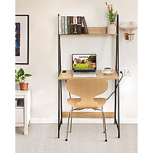 SpringSun Computer Desk with Power Outlet 2-Tier Ladder Computer Table with Storage Bookshelf, USB Charging Ports Modern Writting Table for Office and Home