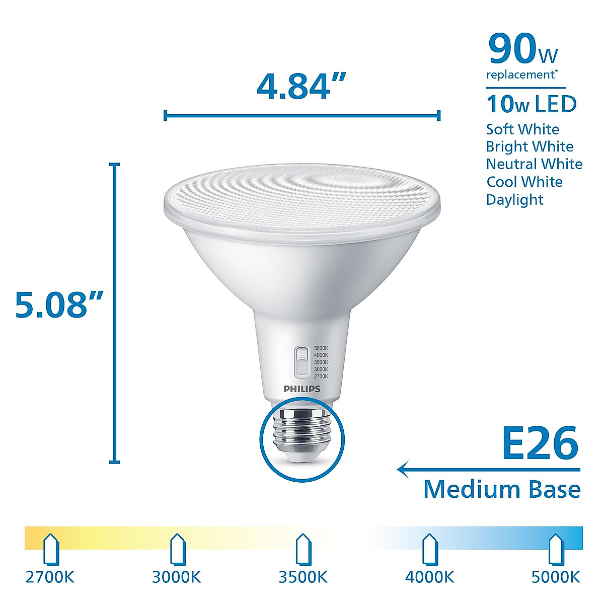 PHILIPS PAR38 Dimmable LED Spotlight Bulbs - Flicker-Free Light Bulb with EyeComfort Technology - Selectable White - E26 Base - 4 Pack