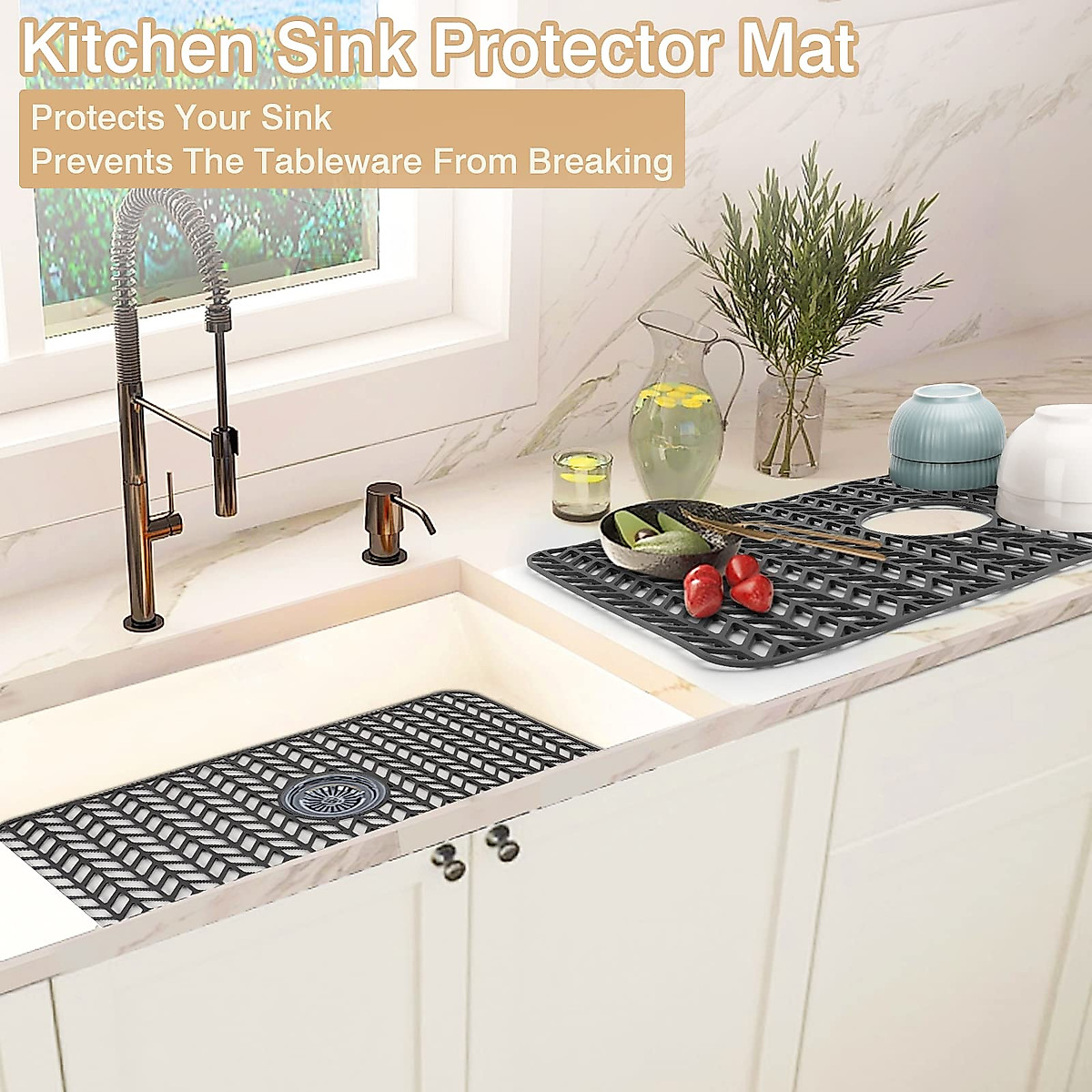 Sink Protectors for Kitchen Sink, Non-slip Silicone Sink Mat for Bottom of Kitchen Sink, 26 x 14 Inches Kitchen Sink Mats Grid with Center Drain for Farmhouse Stainless Steel Ceramic Sink